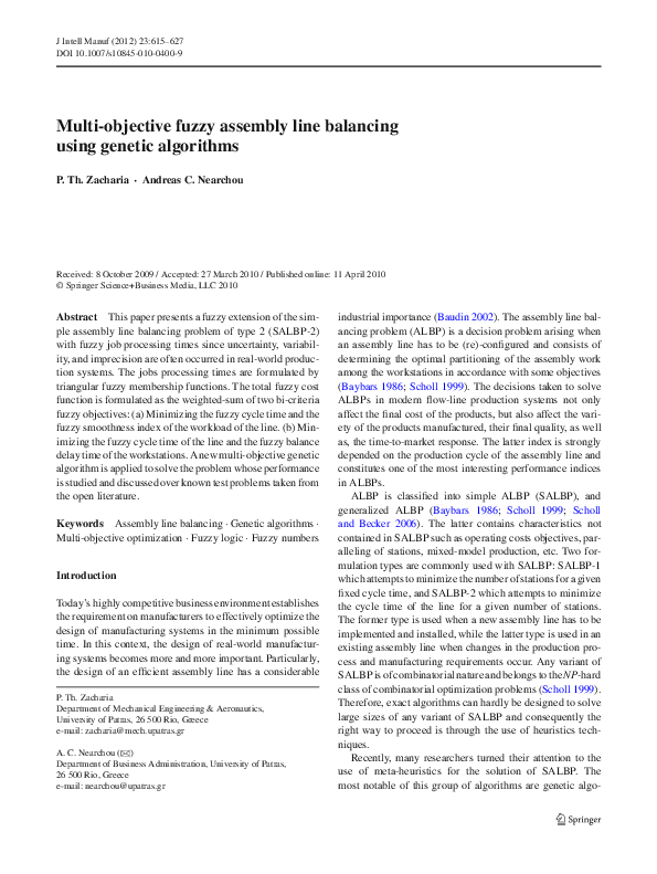 Pdf Multi Objective Fuzzy Assembly Line Balancing Using Genetic Algorithms 