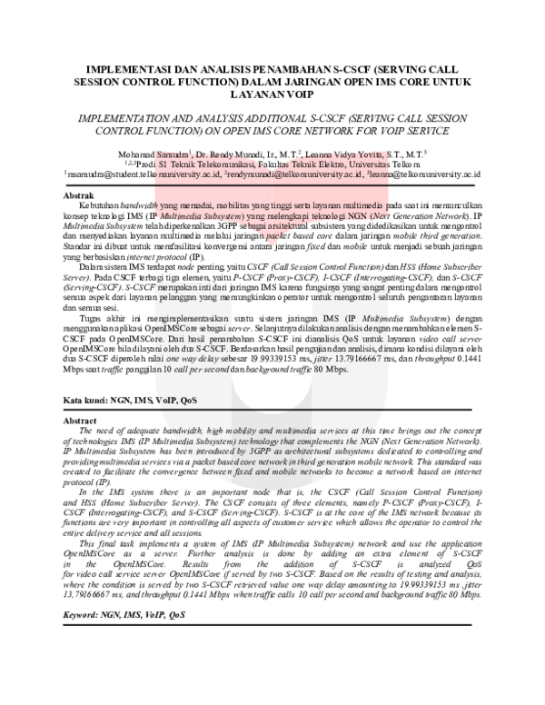 Pdf Implementasi Dan Analisis Penambahan S Cscf Serving Call Session Control Function Dalam