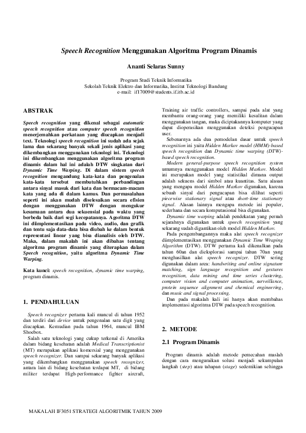 (PDF) Speech Recognition Menggunakan Algoritma Program Dinamis