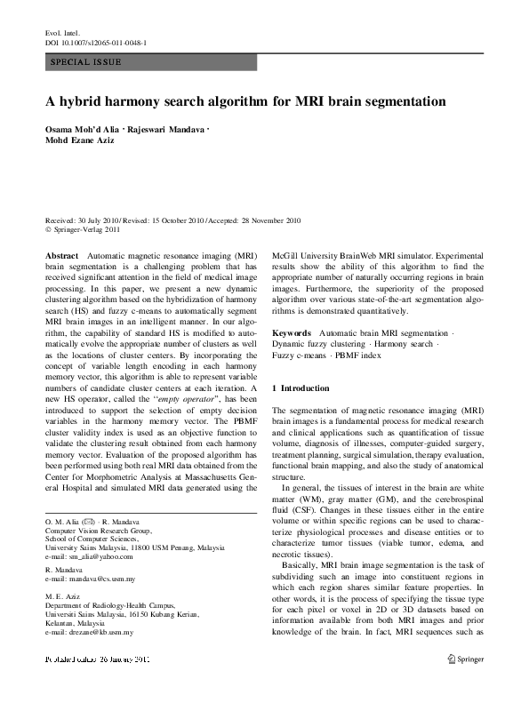 (PDF) A hybrid harmony search algorithm for MRI brain segmentation