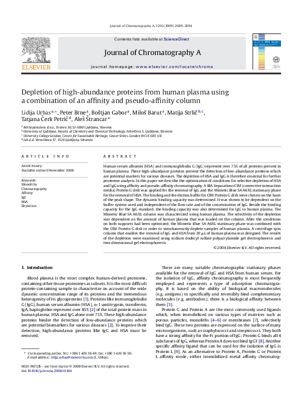 (PDF) Depletion of high-abundance proteins from human plasma using a ...