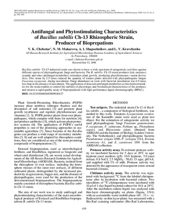 (PDF) Bacillus subtilis Ch-13: Antifungal & Growth Aid