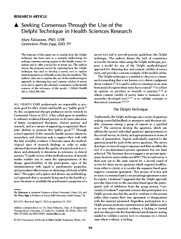 (PDF) Seeking consensus through the use of the delphi technique in ...