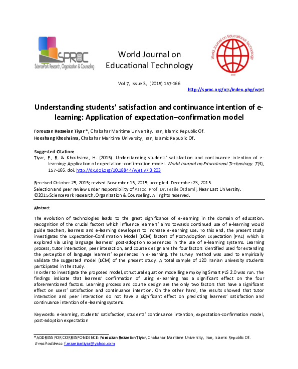 (PDF) Understanding students' satisfaction and continuance intention of e- learning: Application ...