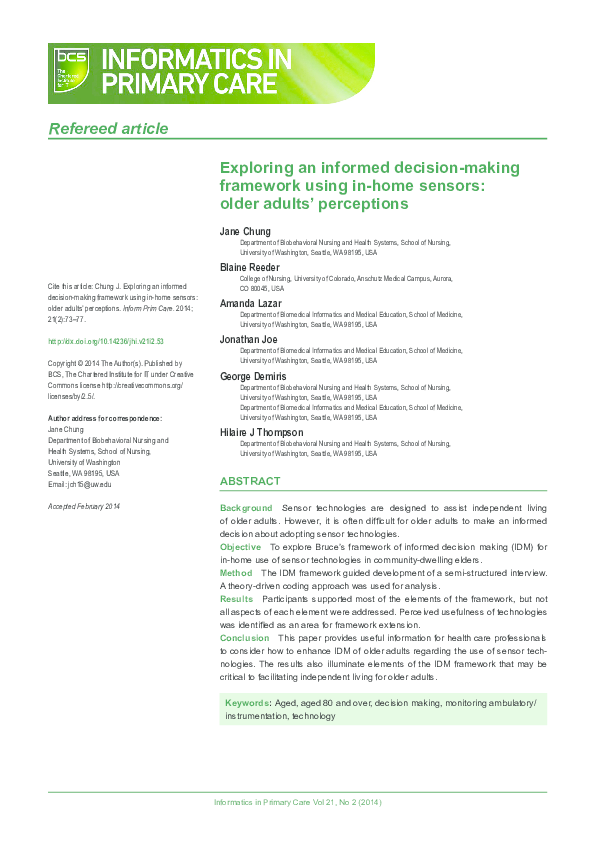 Pdf Exploring An Informed Decision Making Framework Using In Home Sensors Older Adults