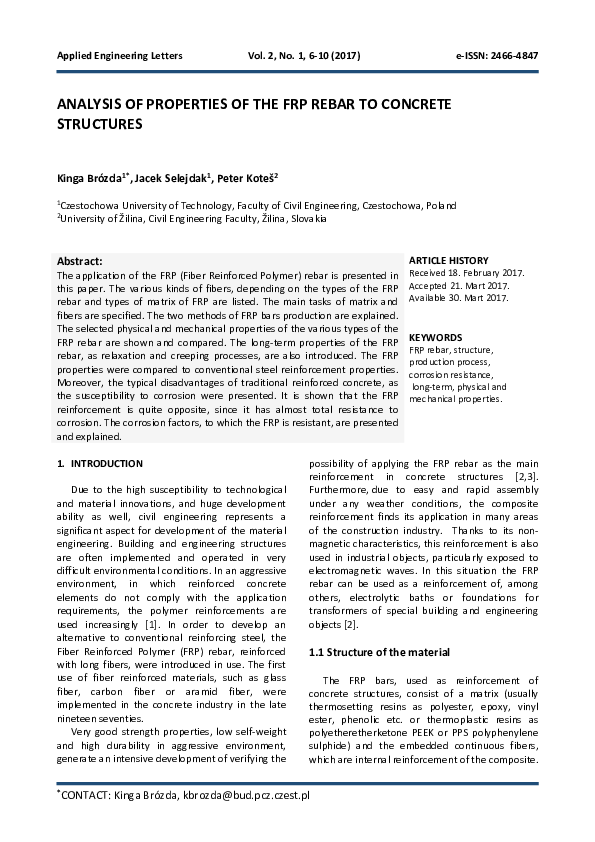 (PDF) ANALYSIS OF PROPERTIES OF THE FRP REBAR TO CONCRETE STRUCTURES | Applied Engineering ...