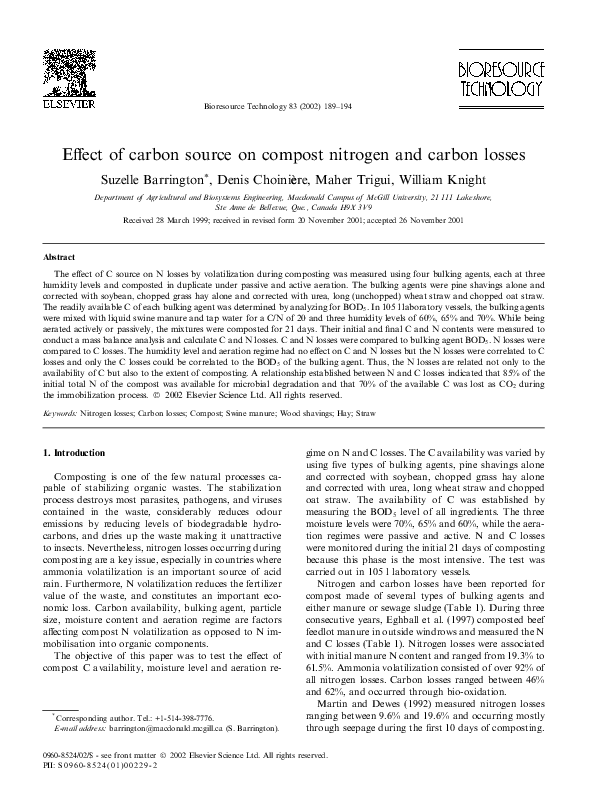 (PDF) Effect of carbon source on compost nitrogen and carbon losses