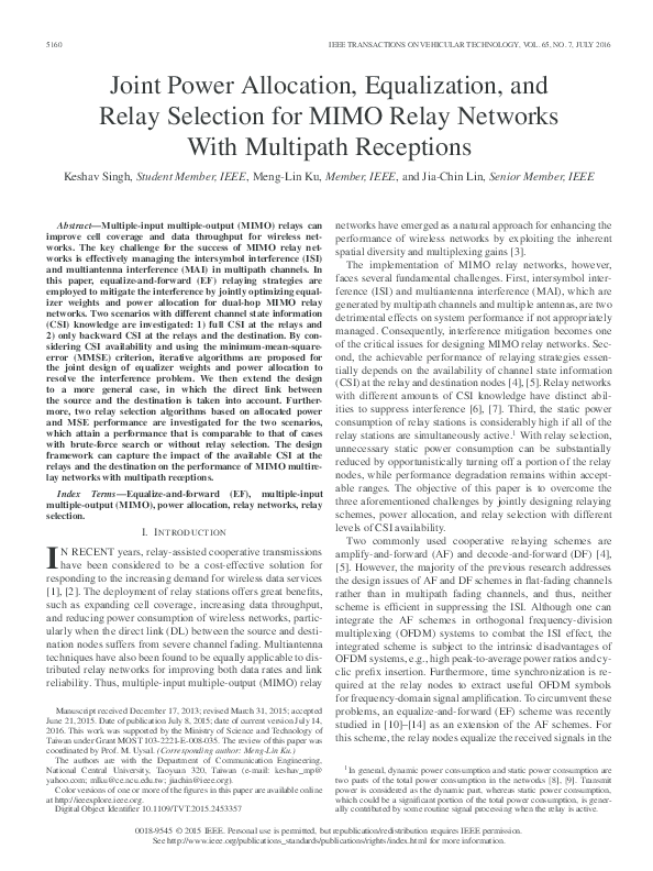 Pdf Joint Power Allocation Equalization And Relay Selection For
