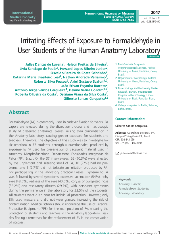 (PDF) The Irritating Effects of Exposure to Formaldehyde in User ...
