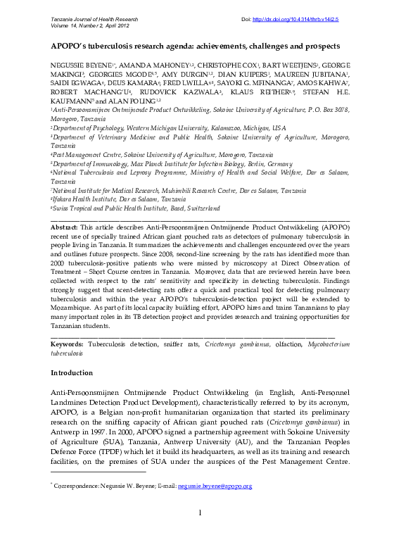 (PDF) APOPO's tuberculosis research agenda: Achievements, challenges and prospects | Amy Durgin ...