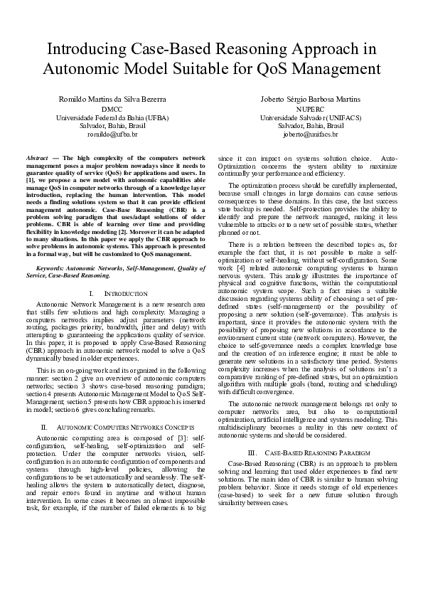 (PDF) Introducing Case-Based Reasoning Approach in Autonomic Model Suitable for QoS Management