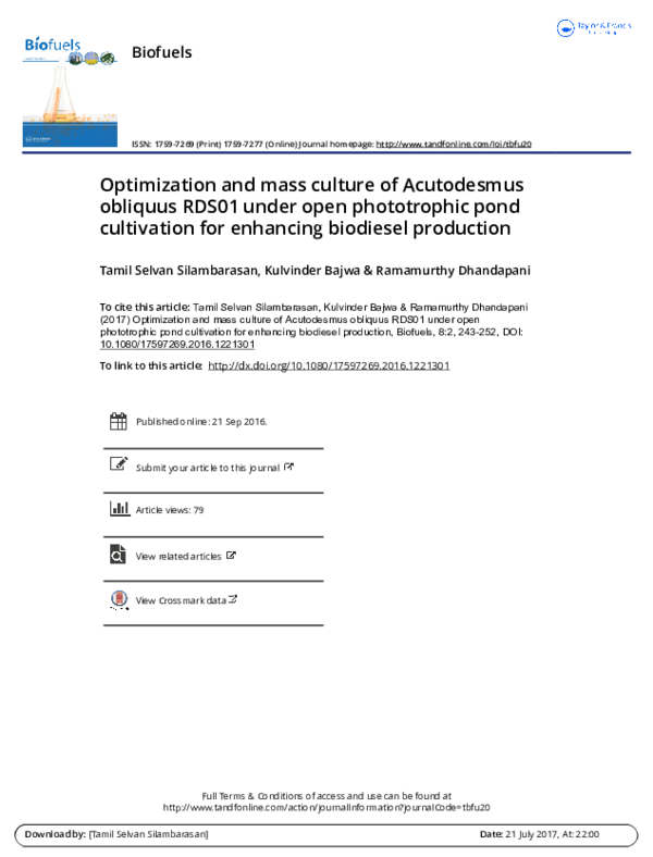 (PDF) Optimization and mass culture of Acutodesmus obliquus RDS01 under ...