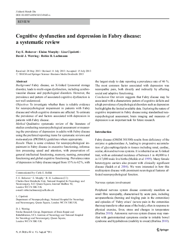 (PDF) Cognitive dysfunction and depression in Fabry disease: a systematic review