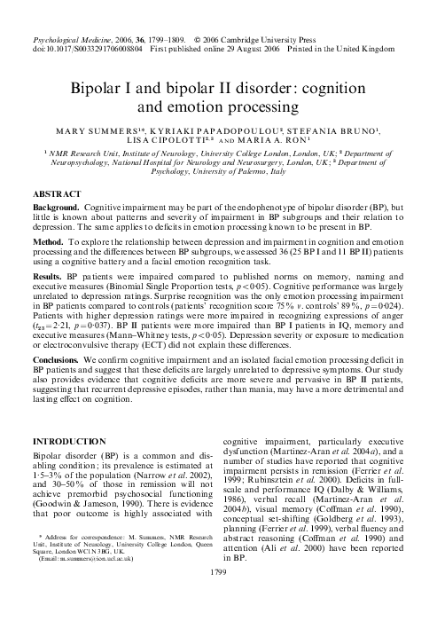 (PDF) Bipolar I and bipolar II disorder: cognition and emotion processing