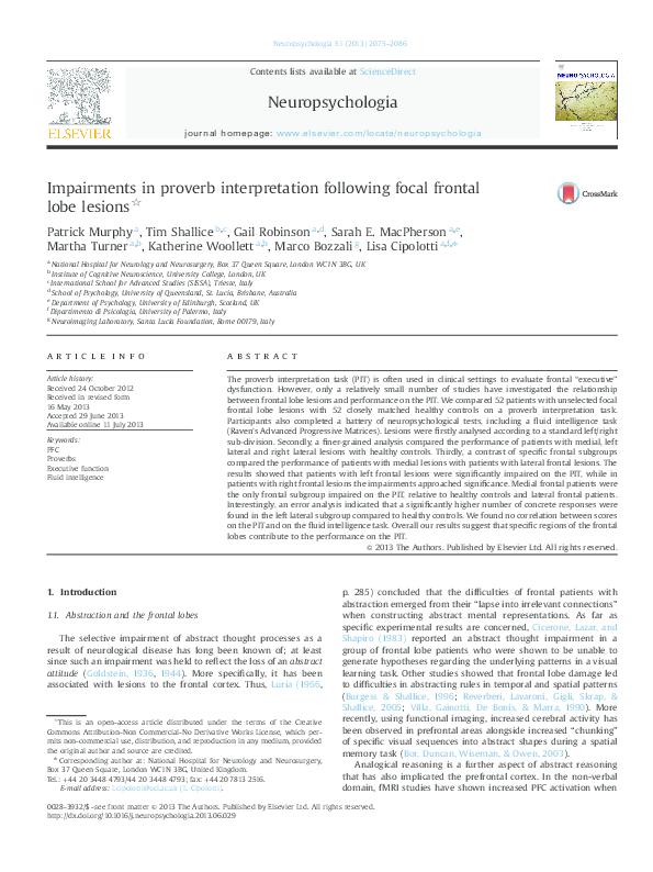 (PDF) Impairments in proverb interpretation following focal frontal ...