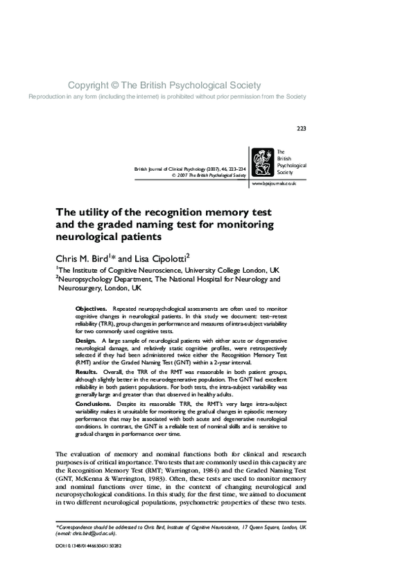(PDF) The utility of the recognition memory test and the graded naming ...