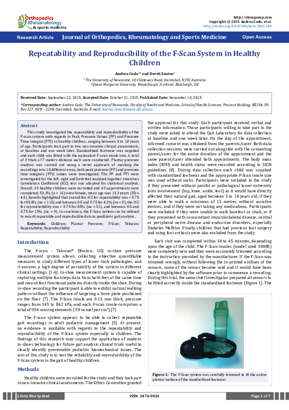 (PDF) F-Scan System: Reliability in Child Gait Analysis