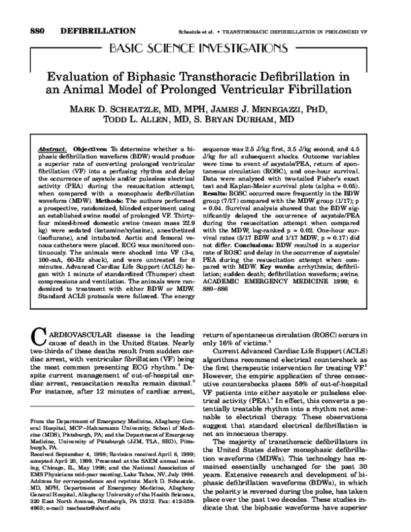 (PDF) Evaluation of Biphasic Transthoracic Defibrillation in an Animal Model of Prolonged ...