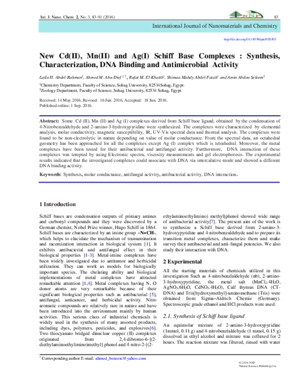 (PDF) New Cd(II), Mn(II) and Ag(I) Schiff Base Complexes : Synthesis, Characterization, DNA ...