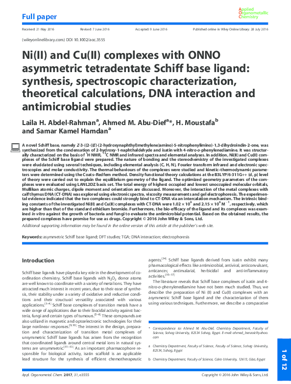 (PDF) Ni(II) and Cu(II) complexes with ONNO asymmetric tetradentate Schiff base ligand ...