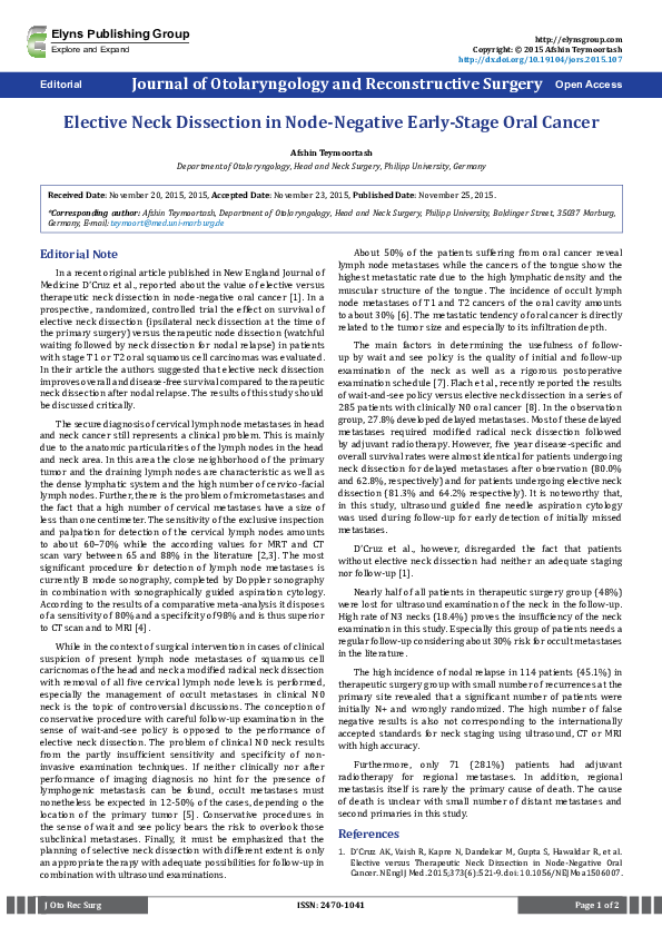 (PDF) Elective Neck Dissection in Node-Negative Early-Stage Oral Cancer