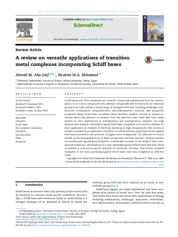 (PDF) A review on versatile applications of transition metal complexes incorporating Schiff bases