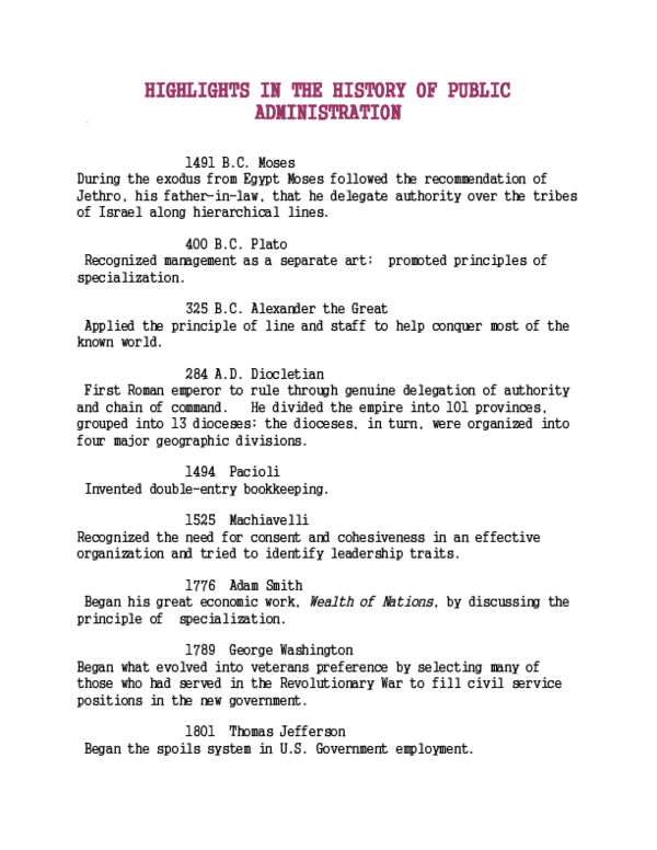 (DOC) HIGHLIGHTS IN THE HISTORY OF PUBLIC ADMINISTRATION