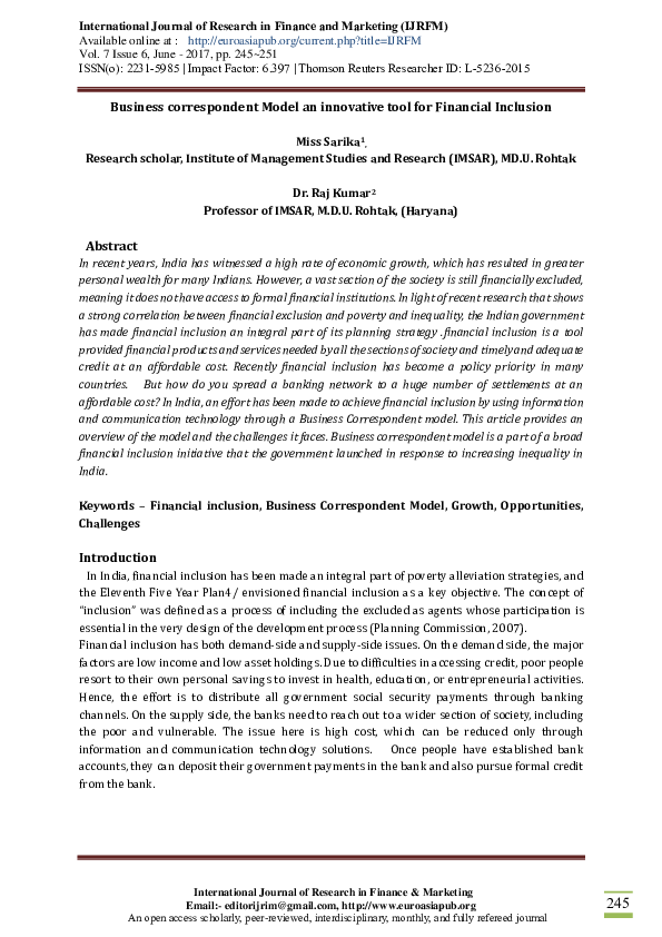 (PDF) Business correspondent Model an innovative tool for Financial ...