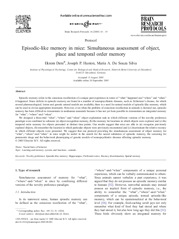 Pdf Episodic Like Memory In Mice Simultaneous Assessment Of Object