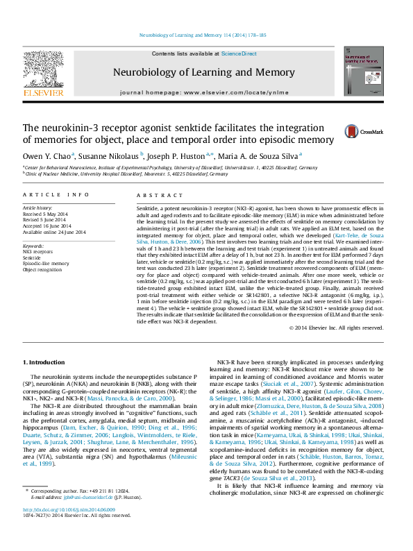 (PDF) The neurokinin-3 receptor agonist senktide facilitates the ...