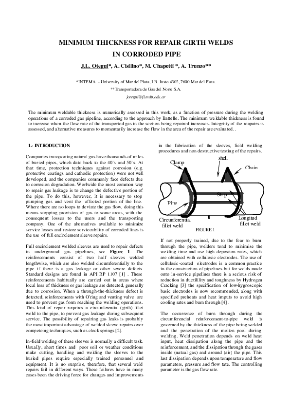 (PDF) Minimum Thickness for Repair Girth Welds in Corroded Pipe