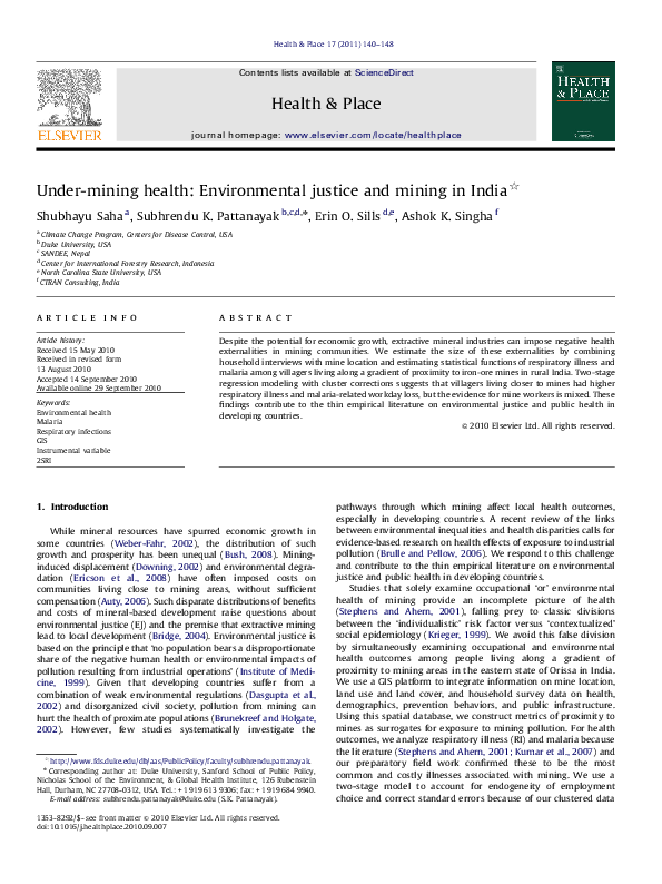 (PDF) Under-mining health: Environmental justice and mining in India