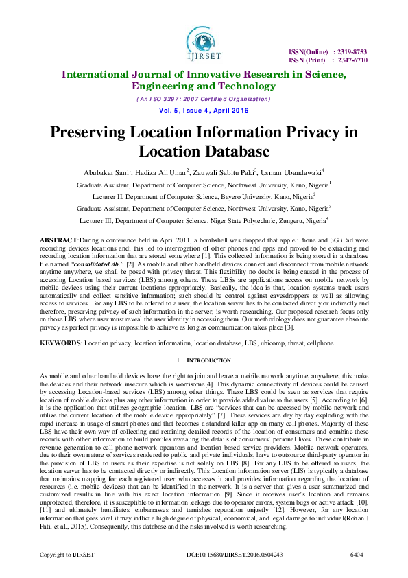 (PDF) Preserving Location Information Privacy in Location Database
