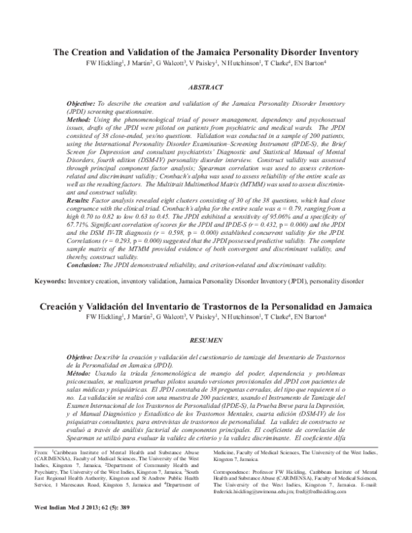 (PDF) The creation and validation of the Jamaica Personality Disorder ...