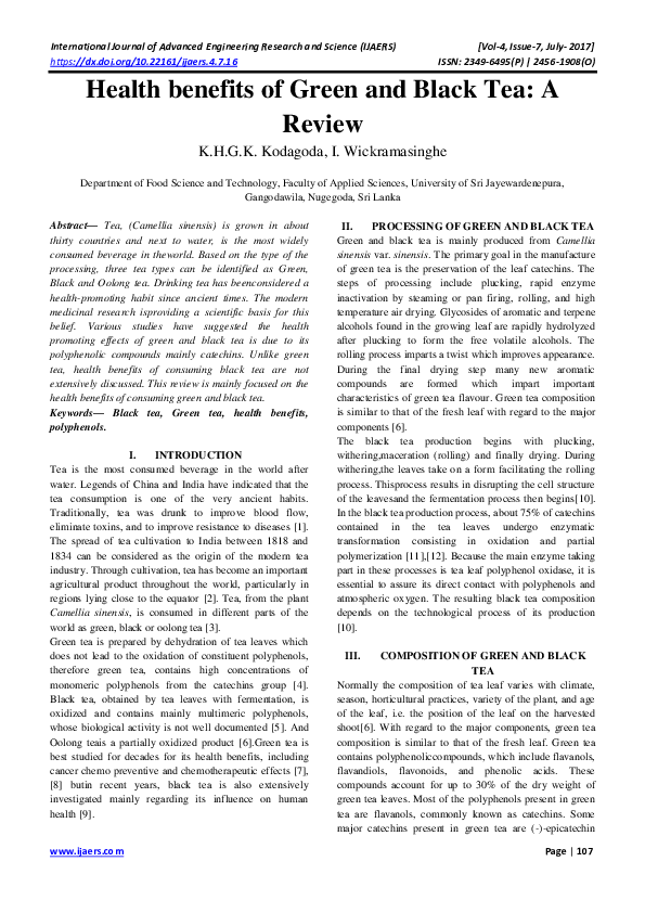 (PDF) Health benefits of Green and Black Tea: A Review