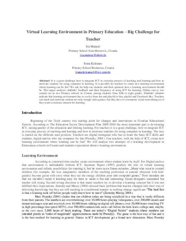 (PDF) Virtual Learning Environment in Primary Education – Big Challenge ...