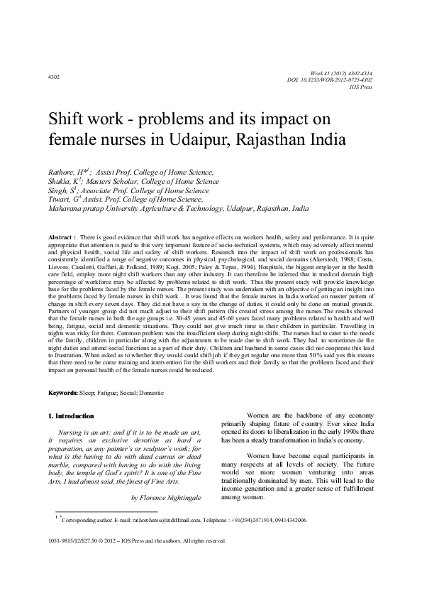 (PDF) Shift work -problems and its impact on female nurses in Udaipur ...