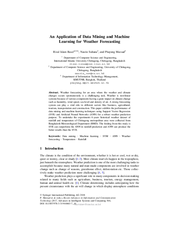 (PDF) An Application of Data Mining and Machine Learning for Weather Forecasting