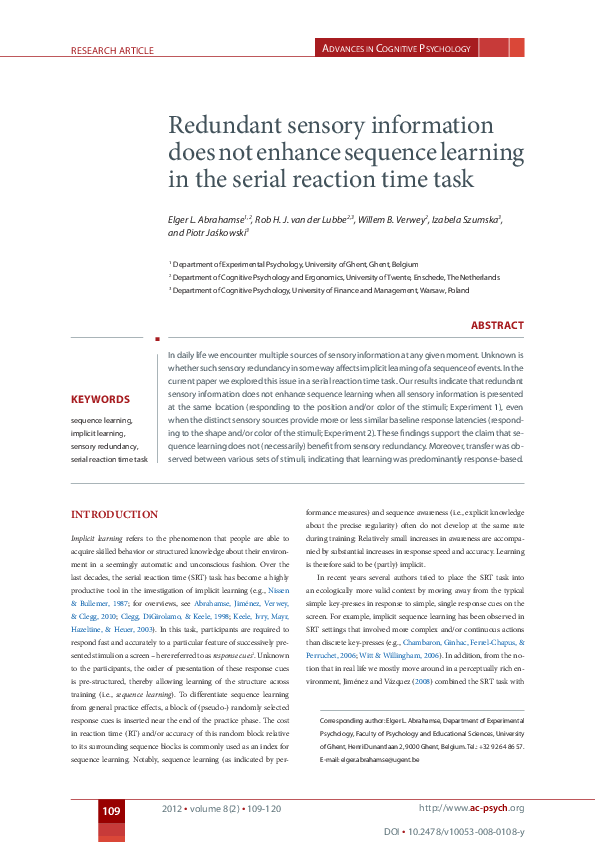 (PDF) Sensory Redundancy Does Not Benefit Sequence Learning
