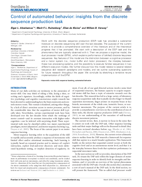 (PDF) Control of automated behavior: insights from the discrete sequence production task