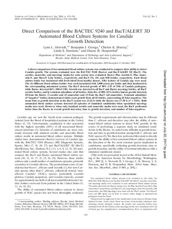 (PDF) Direct Comparison of the BACTEC 9240 and BacT/ALERT 3D Automated ...