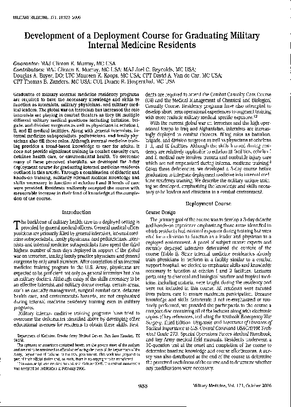 (PDF) Development of a deployment course for graduating military internal medicine residents