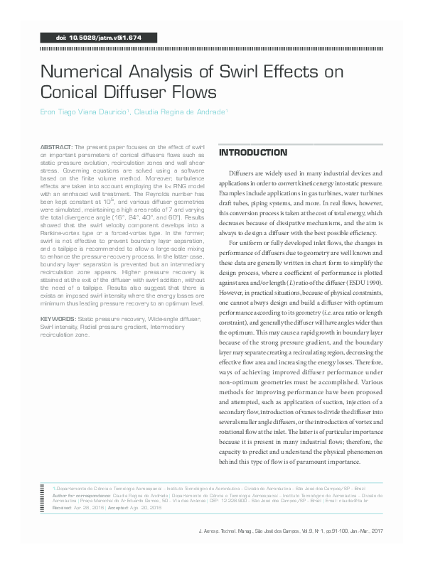 Pdf Numerical Analysis Of Swirl Effects On Conical Diffuser Flows