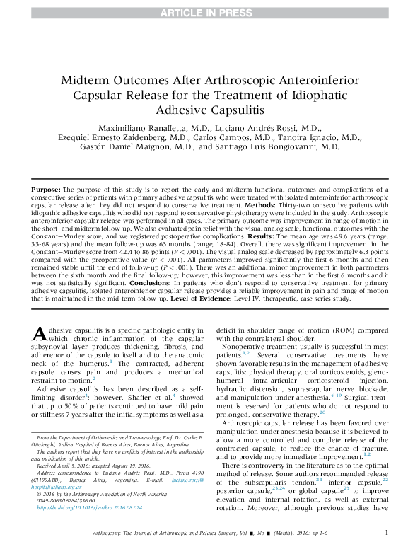 (PDF) Functional Outcome After Arthroscopic Capsular Release in ...