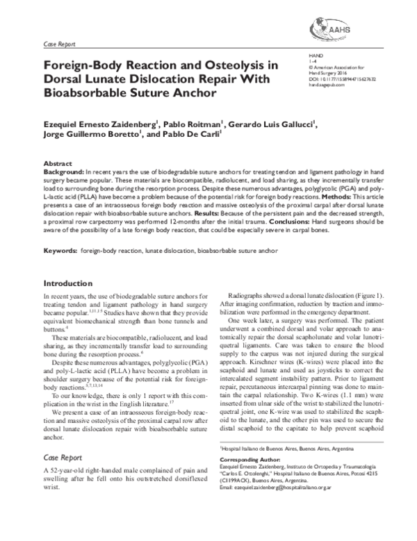 (PDF) Foreign-Body Reaction and Osteolysis in Dorsal Lunate Dislocation ...