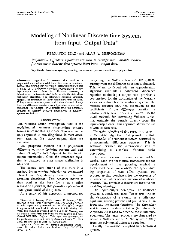 Pdf Modeling Of Nonlinear Discrete Time Systems From Input Output Data