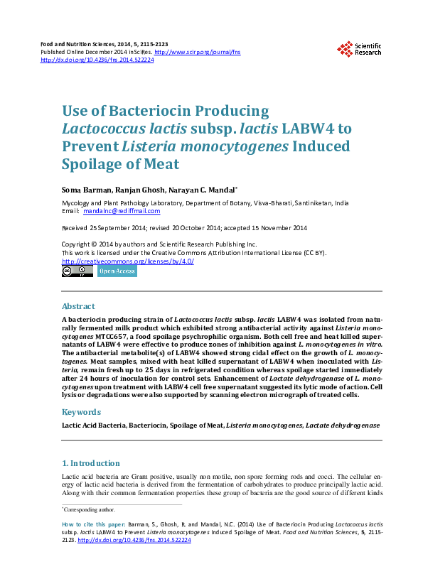 (PDF) Use of Bacteriocin Producing Lactococcus lactis subsp. lactis LABW4 to Prevent Listeria ...