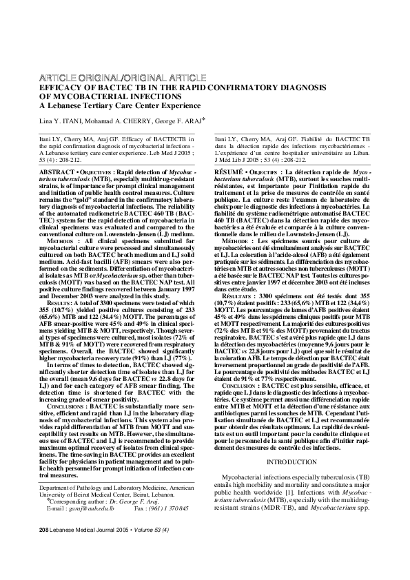 (PDF) Efficacy of BACTEC TB in the rapid confirmatory diagnosis of ...