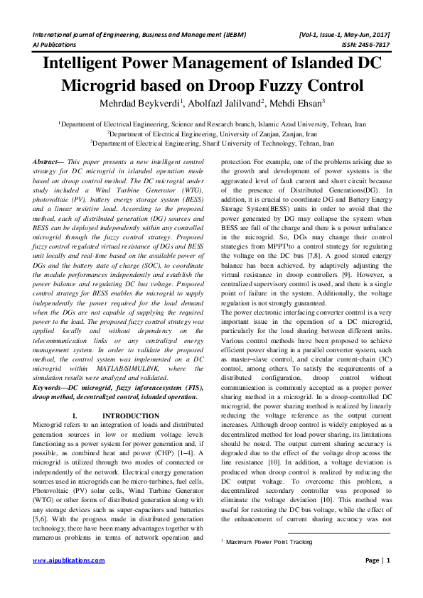 (PDF) Intelligent Power Management of Islanded DC Microgrid based on Droop Fuzzy Control