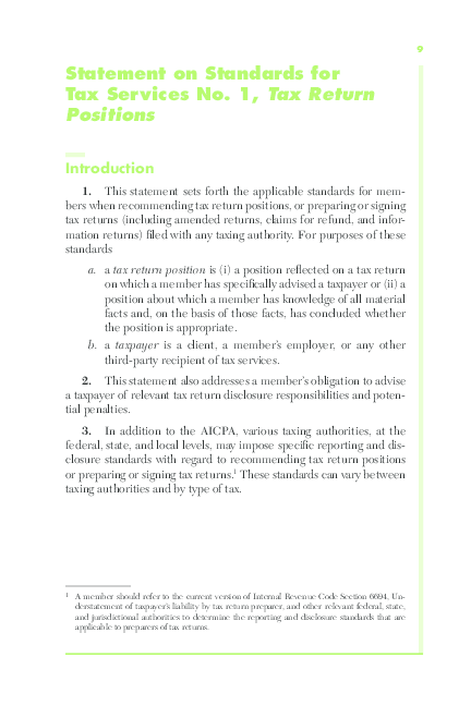 (PDF) Statement on Standards for Tax Services No. 1, Tax Return Positions